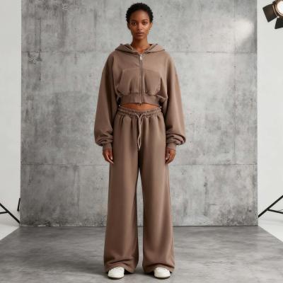 China Custom Logo Blank Tow Piece Sweatsuit Crop Top Fashion  Loose Fit Comfort Design Outdoor Running Fitness Jogger Sets for Women for sale