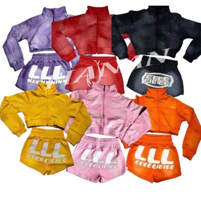 China Wholesale Custom Zipper Jacket and Shorts Two Piece Set Manufacturer High Quality Tracksuit Rhinestones Sweatsuit Set Women for sale