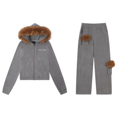 China Manufacturer Custom High Quality Fur Collar Outfit Streetwear for Women Streetwear Tracksuit Flared Sweatpants and Hoodie Sets for sale