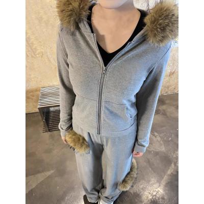 China Oem/odm Plus Size Sports Women's 2 Two Piece Suit Sets Custom Clothing Long Sleeves Autumn Fur Collar Joger Sweatsuit for Women for sale