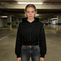 China Dongguan Manufacturer Custom High Quality Rhinestone Cotton Oversized Fit Long Streetwear Women Croptop Cropped Zip up Hoodie for sale