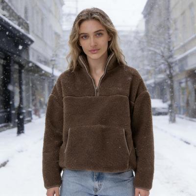 China Wholesale Custom Embroidered logo Sherpa Fleece Hoodies for Women High Quality Snow Winter Thick Brown Half Zip Coat Jacket for sale