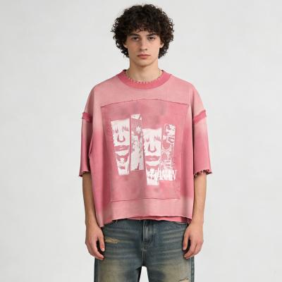 China Manufacturer Custom Streetwear Hip Hop Acid Wash Printed Shorts Sleeves Oversized Cropped T-shirt Distressed Graphic Tee Shirt for sale