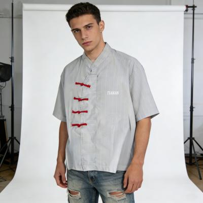China New Trending High Quality Stripe Summer Shorts Sleeve Shirt Custom Streetwear Vintage Fit Cuban Collar Loose Casual Men's Tshirt for sale