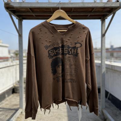 China Custom Comfortable Cropped Vintage Fashion Cotton Oversize Waffle Knit Long Sleeve Crewneck Print Distress t Shirt for Men for sale
