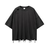 China Custom Loose Short Sleeve 100% Cotton Men Distressed T-shirts Printing Logo Plain Wash Ripped Hip Hop Raw Edge T Shirts Printed for sale