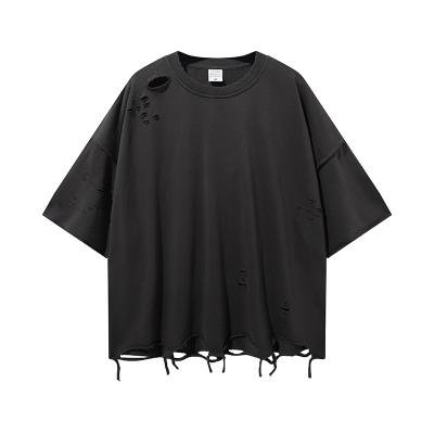 China Custom Loose Short Sleeve 100% Cotton Men Distressed T-shirts Printing Logo Plain Wash Ripped Hip Hop Raw Edge T Shirts Printed for sale