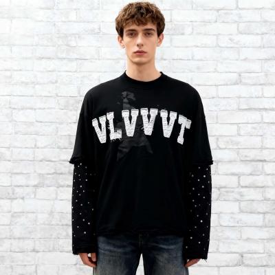 China OEM/ODM High Quality Rhinestone Sweatshirts Casual Cotton Pullovers Oversize Custom Double Layer Long Sleeve T-Shirt for Men for sale
