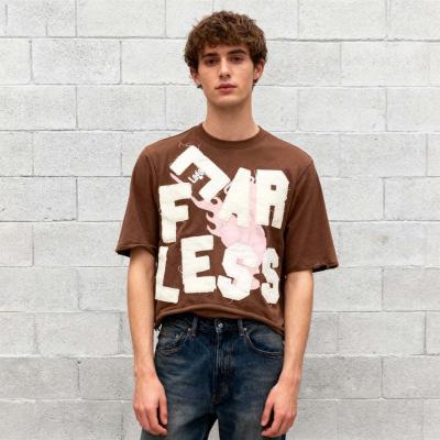 China Custom Distressed Boxy T Shirt for Men Cotton Applique Embroidery Patch Cropped Tee Drop Shoulder Plain Raw Hem T-Shirts for sale