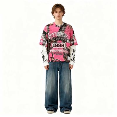 China Custom Cotton Boxy Tee All Over Camouflage Print Baggy TShirts Streetwear Oversized Double Layer Long Sleeve T-Shirts for Men for sale