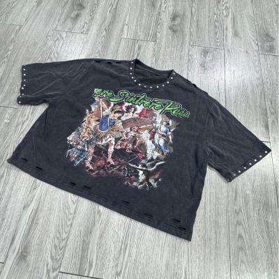 China Streetwear Acid Wash Cropped Rhinestone Printed Men Cotton T-Shirt Wholesale Custom Vintage Boxy Tshirt for Men for sale