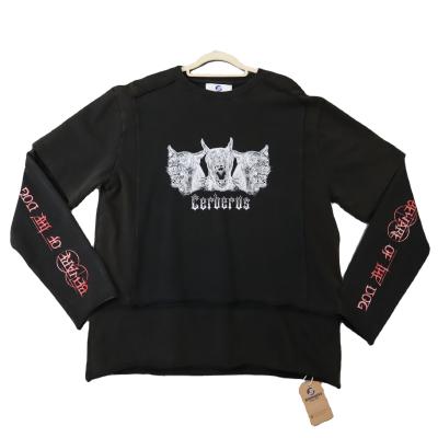 China Vintage Printing Double Layer Long Sleeve Cropped T Shirt Custom Oversized Distressed Acid Wash Raw Hem Cut and Sew Men Tshirts for sale