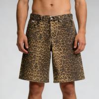 China Custom Heavyweight Brown Fashion Streetwear Men's Denim Shorts High Quality Leopard Print Flared Knee Length Outdoor Shorts for sale