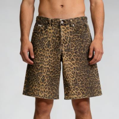 China Custom Heavyweight Brown Fashion Streetwear Men's Denim Shorts High Quality Leopard Print Flared Knee Length Outdoor Shorts for sale