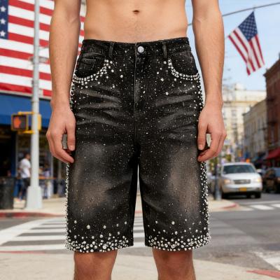 China Denim Shorts Manufacturer Streetwear Jorts Custom Vintage Wash Men Jeans Shorts with Rhinestones Jeans Men's Shorts for Summer for sale