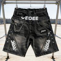 China Custom Men's High Waist Vintage Denim Shorts Baggy Jorts Double Waist Summer Crystal Rhinestone Distressed Flare Loose Plus Size for sale