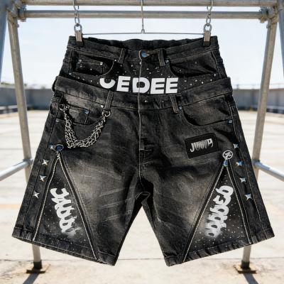 China Custom Men's High Waist Vintage Denim Shorts Baggy Jorts Double Waist Summer Crystal Rhinestone Distressed Flare Loose Plus Size for sale