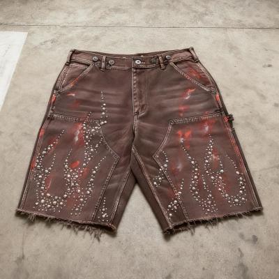 China OEM ODM Custom Logo Graphic Printing Pocket Pants Relaxation Distress Wash Raw Edges Rhinestone Y2k Cargo Denim Shorts for Man for sale