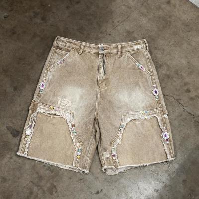 China Manufacturer Custom Y2k Straight Jorts Streetwear Shorts Vintage Ripped Denim Distressed Rhinestone Cargo Summer Jeans Pants for sale