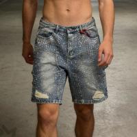China Custom Men's Vintage All Rhinestone Pattern Jeans Shorts for Men Streetwear Crystal Decoration Baggy Denim Jorts Men's Shorts for sale