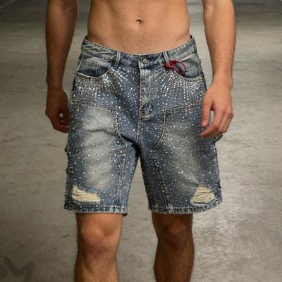 China Custom Men's Vintage All Rhinestone Pattern Jeans Shorts for Men Streetwear Crystal Decoration Baggy Denim Jorts Men's Shorts for sale
