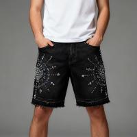 China Streetwear Custom Acid Wash Vintage Rhinestone Denim Jeans Shorts Manufacturer Distressed Baggy Knee Shorts Jorts for Men for sale