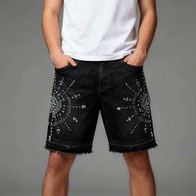 China Streetwear Custom Acid Wash Vintage Rhinestone Denim Jeans Shorts Manufacturer Distressed Baggy Knee Shorts Jorts for Men for sale