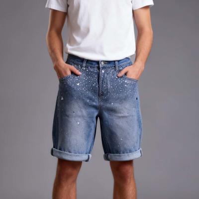 China Streetwear Acid Wash Rhinestone Raw Edge Hem Denim Plus Size Shorts Custom Jeans Knee Length Tech Fleece Jorts Shorts for Men for sale