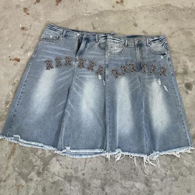 China Manufacturer Streetwear Acid Washed Rhinestone Baggy Running Shorts Men Custom Hems Jorts Denim Jeans Knee Cargo Shorts for sale