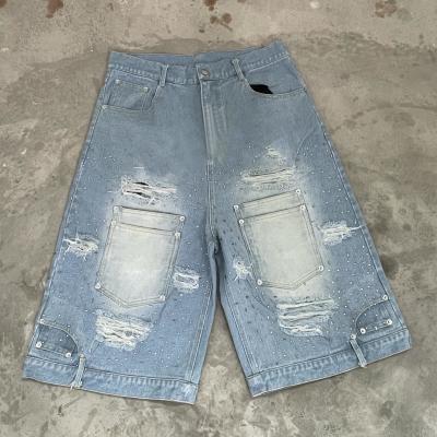 China Manufacturer High Quality Rhinestone Cropped Baggy Streetwear Shorts Custom Acid Wash Jorts Designer Denim Jeans Pants Shorts for sale