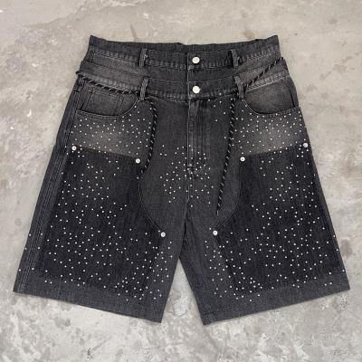 China Manufacturer Custom Streetwear All Over Crystal Rhinestones Jorts Jeans Denim Shorts Streetwear Acid Wash Baggy Shorts for Men for sale