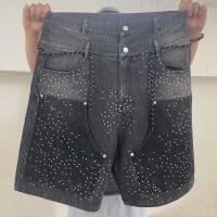 China Streetwear Double Waist Acid Wash All Over Rhinestone Crystal Men's Shorts Manufacturer Custom Summer Cargo Denim Jeans Shorts for sale