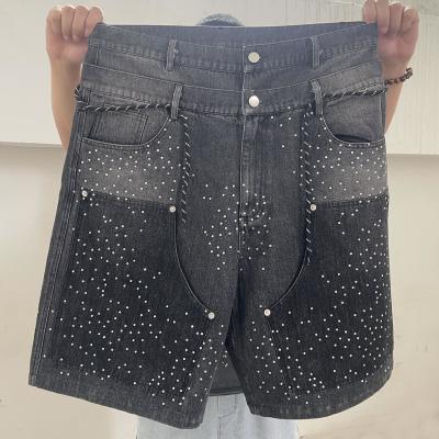 China Streetwear Double Waist Acid Wash All Over Rhinestone Crystal Men's Shorts Manufacturer Custom Summer Cargo Denim Jeans Shorts for sale