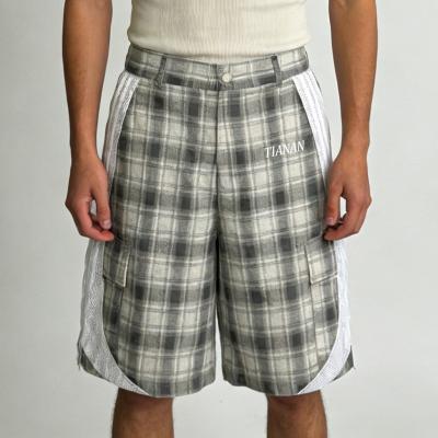 China High Quality Flannel Checkered Splicing Men's Shorts Custom Sample Plaid Stripe Pockets Baggy Summer Outdoor Running Streetwear for sale