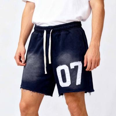 China Custom Drawstring Acid Wash Hot Pants Raw Edge Vintage Patch Sun Faded Summer Plain Cotton Distressed Jogger Mens Shorts for sale