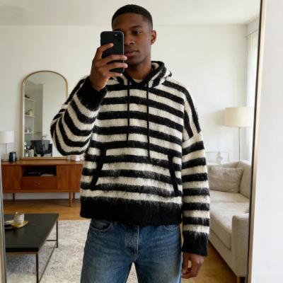 China Custom Men Unisex Oversize Fluffy Fuzzy Mohair Pullover Sweater Graphic Stripe Hooded Winter Jumper Luxury Wool Knitwear Top for sale