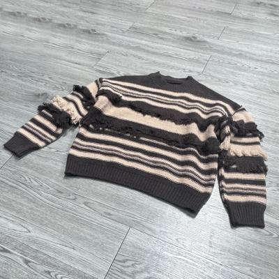 China Wholesale Brushed Striped Streetwear High Quality Retro Round Neck Autumn and Winter Thick  Knitted Plus Size Women'S Sweater for sale