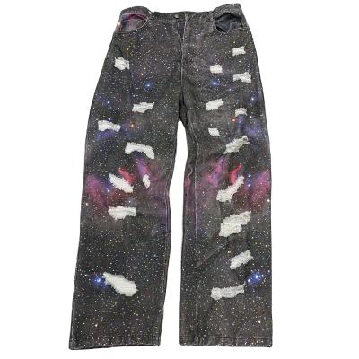 China Manufacturer Custom Denim Pants Rhinestone Cropped Acid Wash Baggy Straight Leg Acid Wash Full Sky Print Men's Jeans Pants for sale