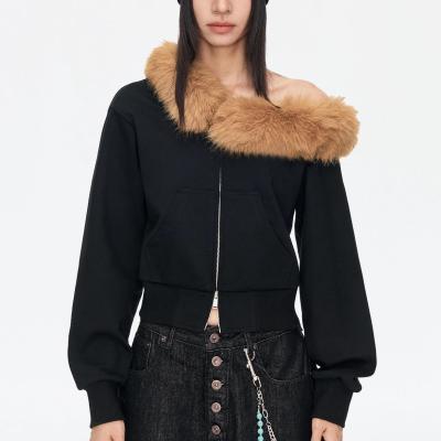 China Wholesale Custom Zip up Fur Collar Off the Shoulder Heavyweight Hoodie Double Zipper Fit Outfit High Quality Hoodie for Women for sale
