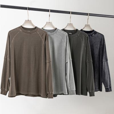 China Hot Sale Vintage Distressed Oversized Boxy Blank Men's T-shirt Manufacturer Custom Cotton Printed Long Sleeve Tshirt for Men for sale
