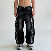 China Manufacturer Custom 100% Cotton Side Zipper Denim Pants 3D Embroidery Whiskering Spray Acid Washed Loose Wide Leg Baggy Jeans for sale