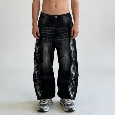 China Manufacturer Custom 100% Cotton Side Zipper Denim Pants 3D Embroidery Whiskering Spray Acid Washed Loose Wide Leg Baggy Jeans for sale
