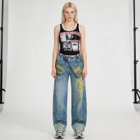 China Custom Streetwear Plus Size Wide Leg Track Distressed Flared Wash Baggy Denim Pants Hiphop Embroidery Vintage Women's Jeans for sale