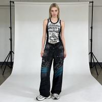 China Manufacturer Custom Jeans Mid Waist Print Logo Black Hip Hop Baggy Pants Vintage Boyfriend Straight Flared Button Closure Jeans for sale