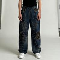 China Custom Wholesale Y2K Cut Wide Leg Flared Distressed Vintage Denim Pants Web Graphic Printed Logo Dark Blue Hip Hop Baggy Jeans for sale