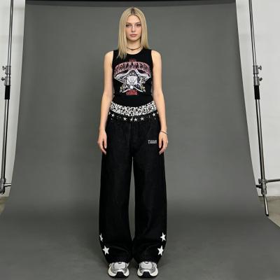 China Custom Streetwear Vintage Acid Wash Wide Leg Pants Baggy Plus Size Women's Double Waist Leopard Print Splicing Denim Jeans for sale