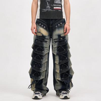 China Wholesale Custom Denim Jean Designer Patchwork Vintage Washed Cargo Multi Pocket Wide Leg Street Style Loose Pants for Men for sale