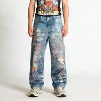 China Custom Men's Plus Size Denim Mud Dyed Splatter Flared Loose Fit Jeans Print Pants American Streetwear Hip Hop Style Trousers for sale