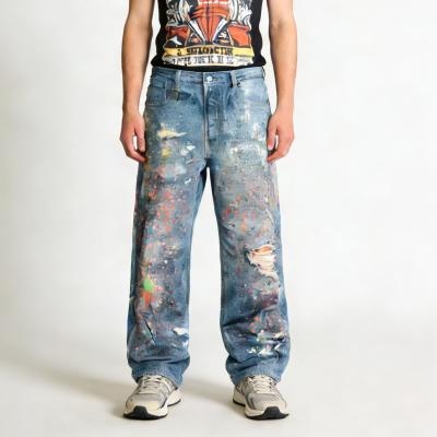 China Custom Men's Plus Size Denim Mud Dyed Splatter Flared Loose Fit Jeans Print Pants American Streetwear Hip Hop Style Trousers for sale