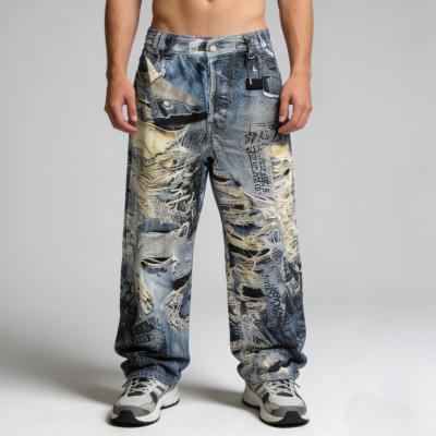 China Custom 3D Digital Printed Distressed Graffiti Vintage Loose Wide Leg Jeans Baggy Streetwear Hip Hop Style Y2K Long Men's Pants for sale